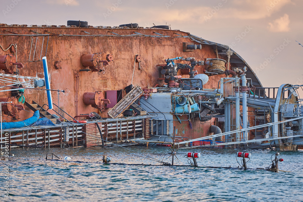 sunken tanker. Tanker Bunker threw storm ashore. The tanker lies on its ...
