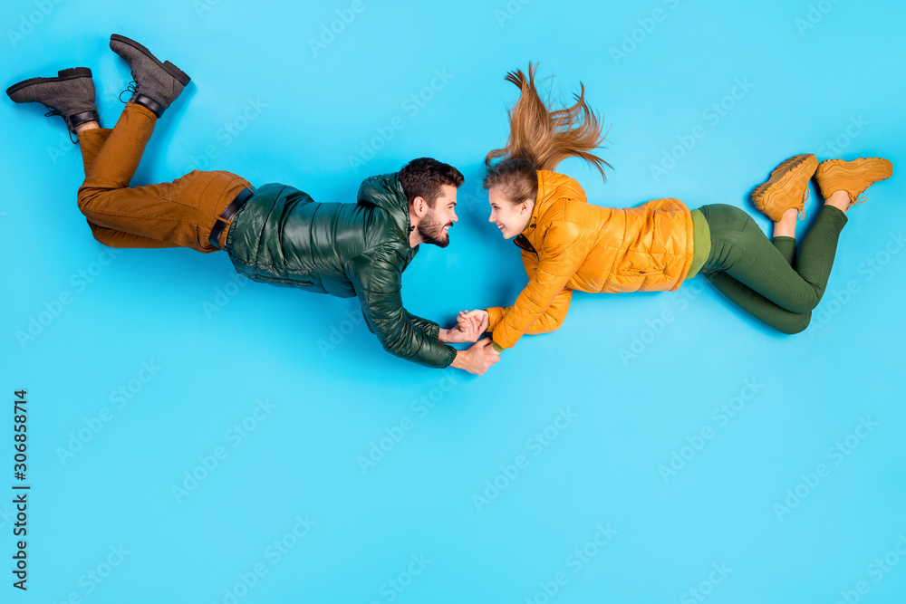 Top above high angle view full length body size photo of cheerful ...