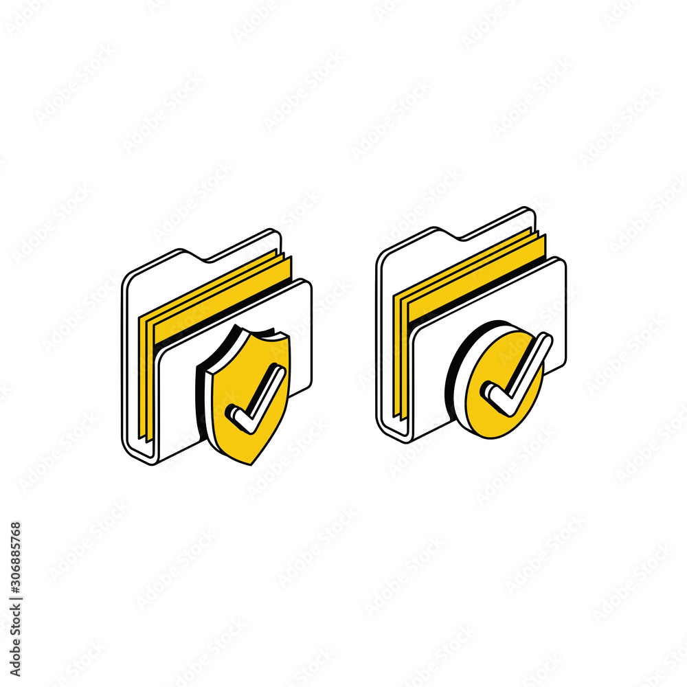 Folders shield label and checkmark. Vector 3d isometric, color web icon ...