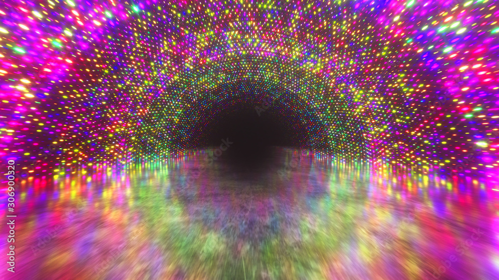 Bright light tunnel of luminous multi-colored dots and a reflective ...