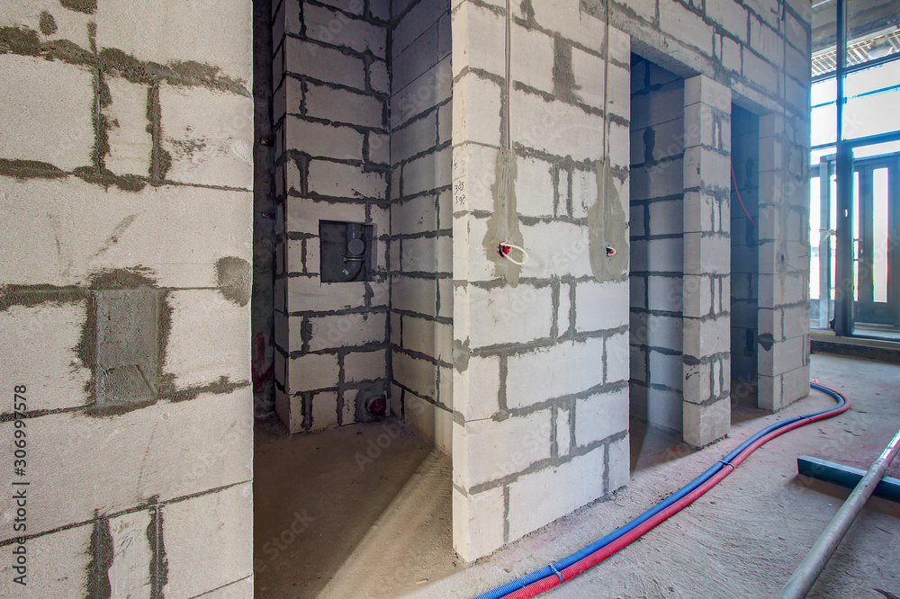Aerated concrete blocks house corridor walls under construction ready ...
