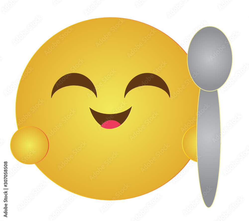 Let's eat emoji. Emoticon ready to eat, holding a spoon. Yellow face ...