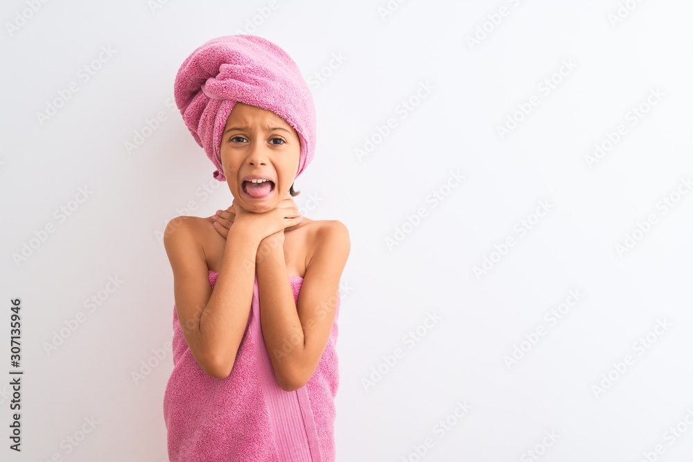 Beautiful child girl wearing shower towel after bath standing over ...