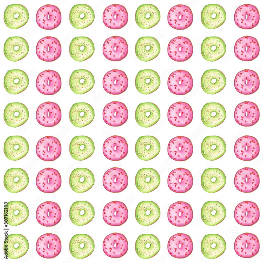 Seamless pattern with donuts, watercolor painting. For design textile ...