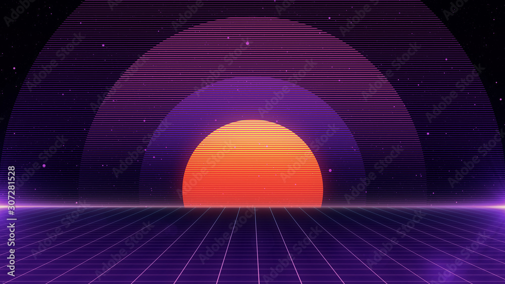 80s Retro Sci-Fi Background Futuristic Grid landscape. Digital cyber ...