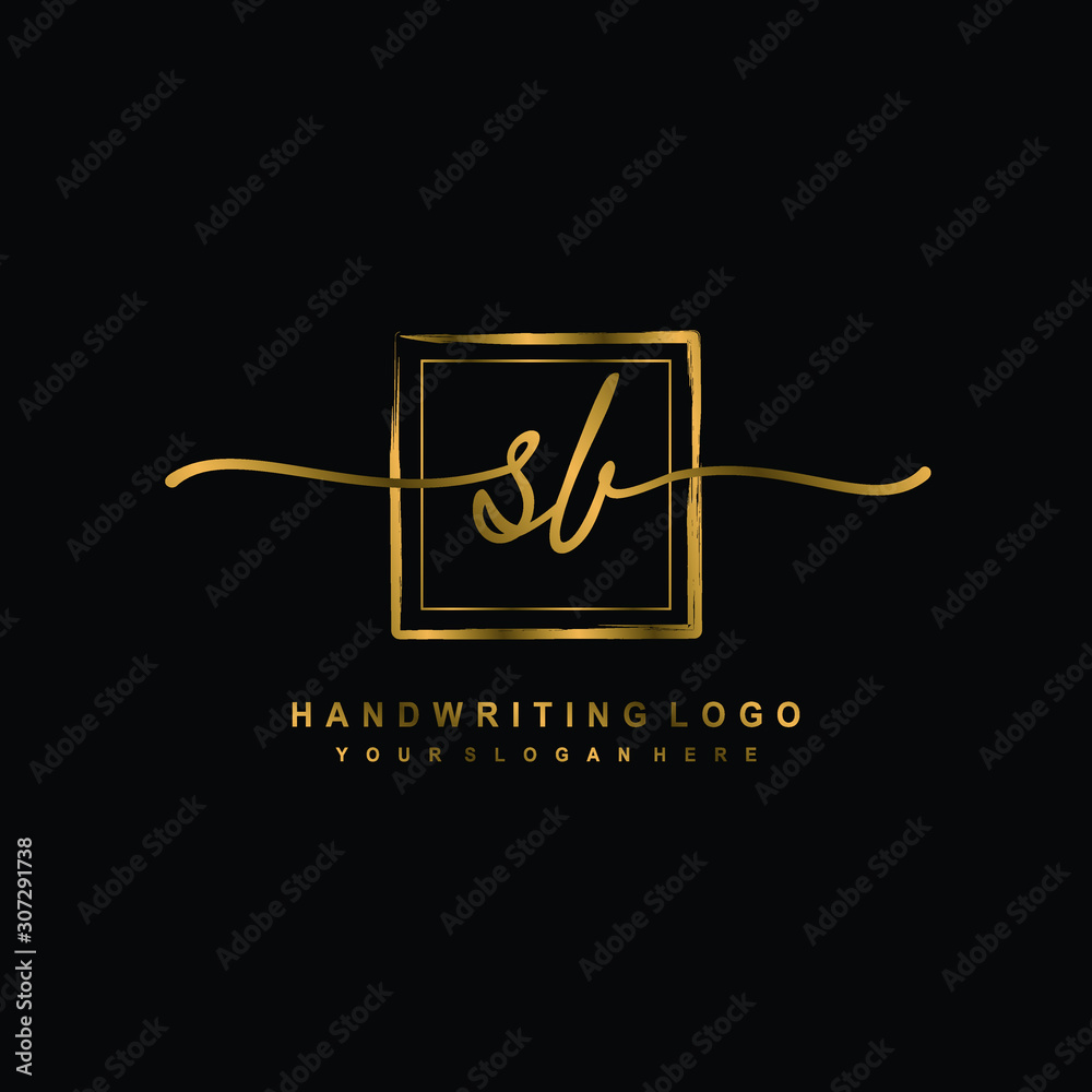 Initial S B handwriting logo design, with brush box lines gold color ...