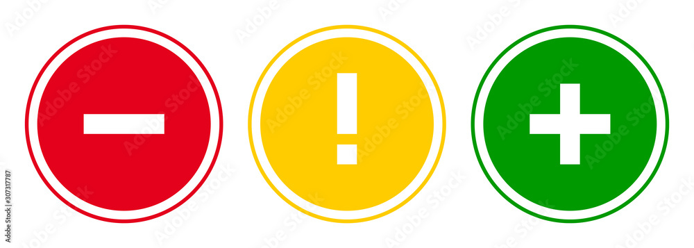 Set of round plus sign, exclamation point, minus sign icons, buttons ...