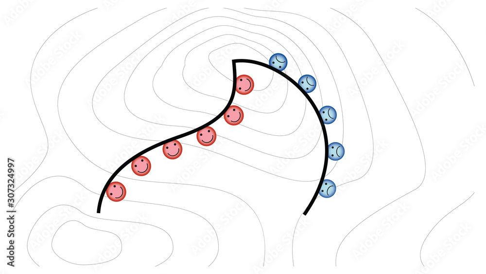 Vector image of happy and sad faces as cold and hot weather fronts on a ...