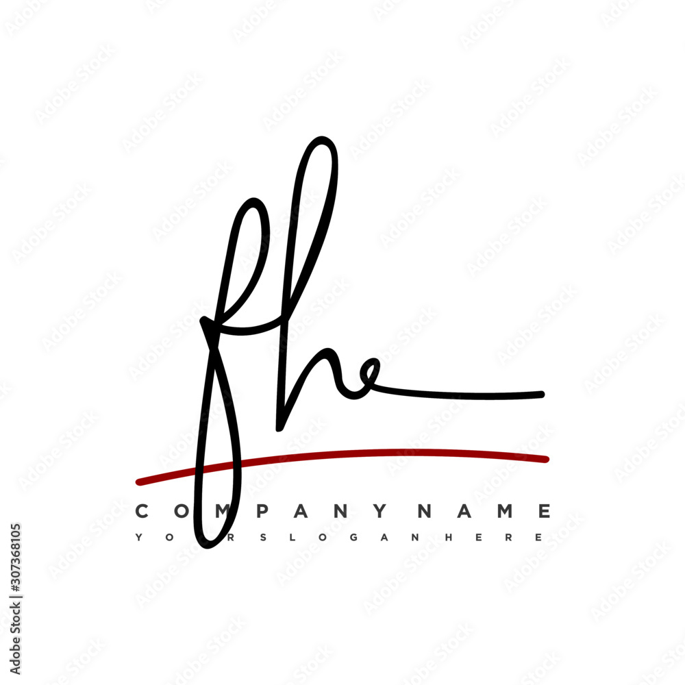FH signature initials. Handwritten logo vector template with red ...