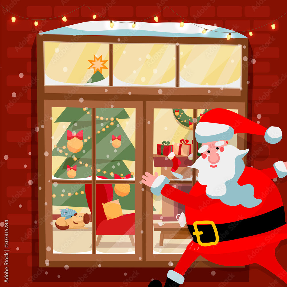 Santa Claus looking through a window with into a decorated room on the ...