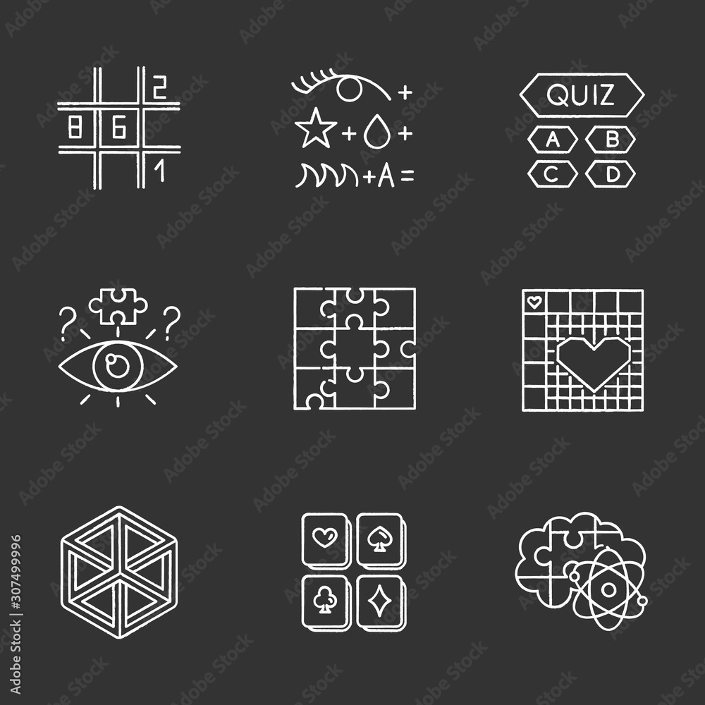 Puzzles and riddles chalk icons set. Sudoku. Trivia quiz. Nonogram ...