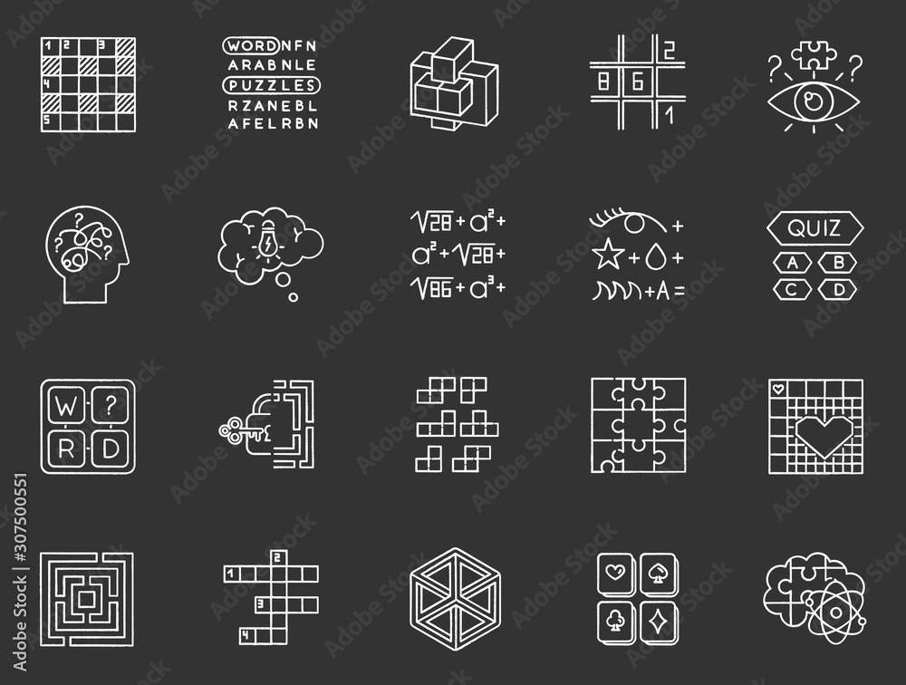 Puzzles and riddles chalk icons set. Mental exercise. Challenge ...