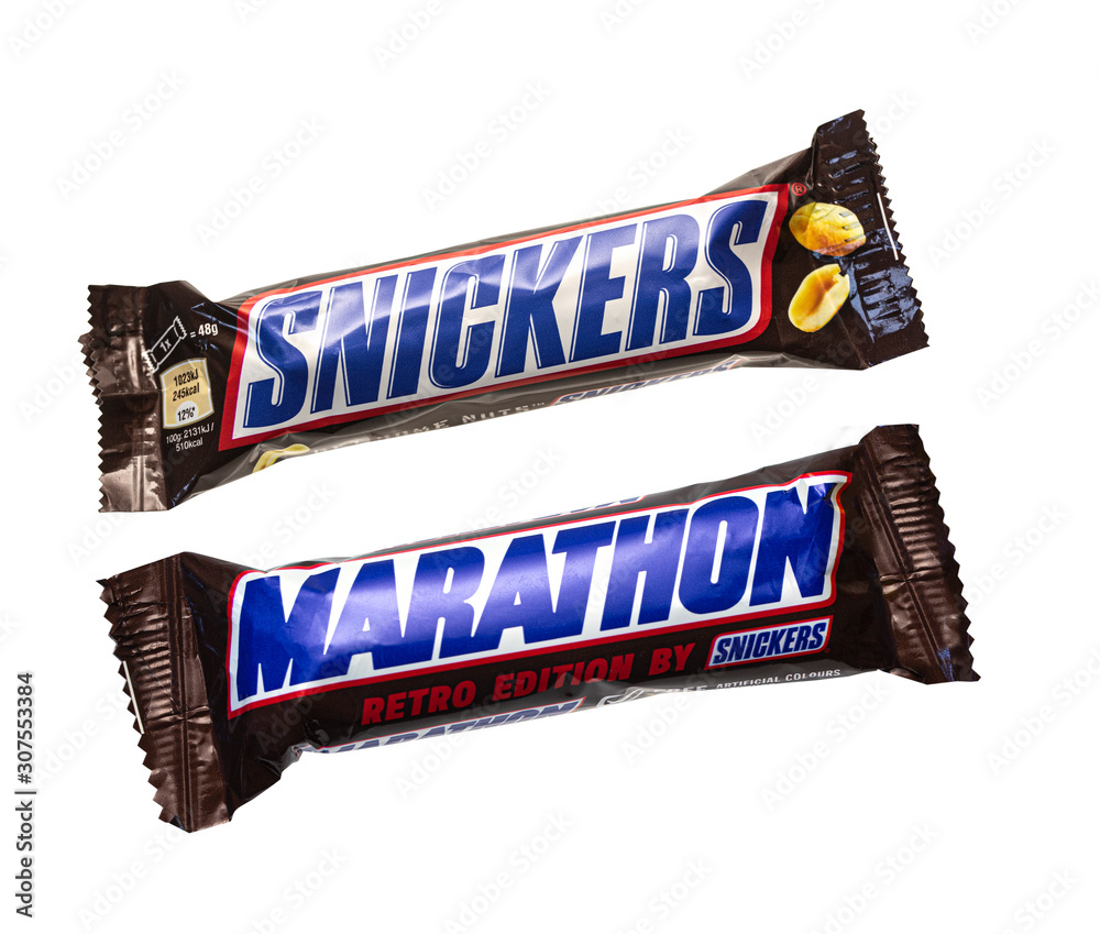 Snickers and Marathon chocolate bars on a white background Stock Photo ...