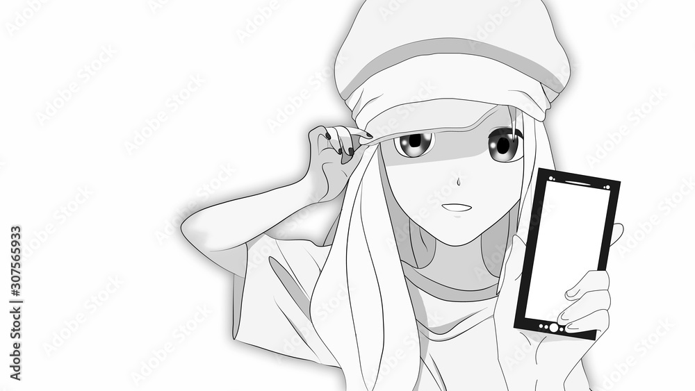 Anime Girl holding phone in hand wearing a cap. Anime Character in ...