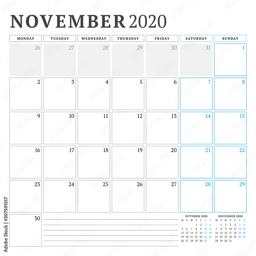 November 2020. Calendar planner stationery design template. Vector ...