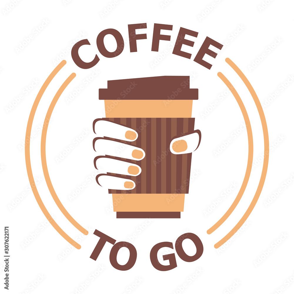 Coffee to go, logotype example. Flat icon of coffee cup in the hand ...