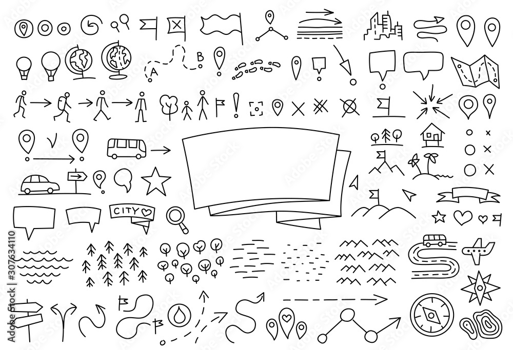 Travelers notes. Map set doodle background. Geographical. Yearbook ...