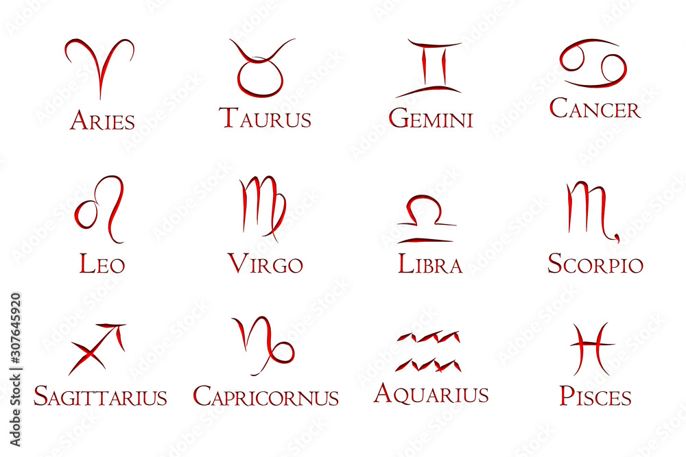 Set of the twelve zodiac signs and their names in red on a white ...
