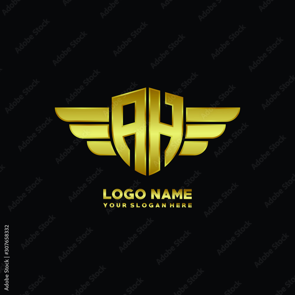 initial letter AH shield logo with wing vector illustration, gold color ...