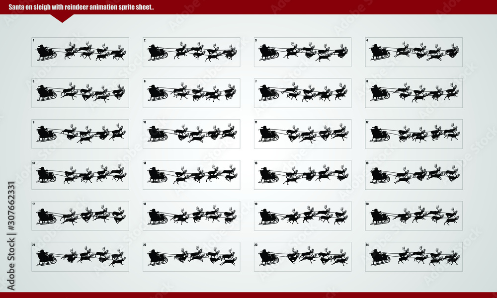 Santa on sleigh with reindeer animation sprite sheet vector ...