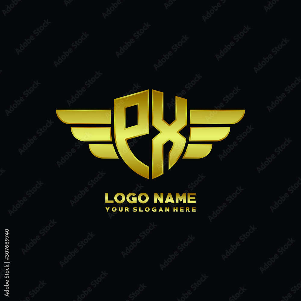 initial letter PX shield logo with wing vector illustration, gold color ...