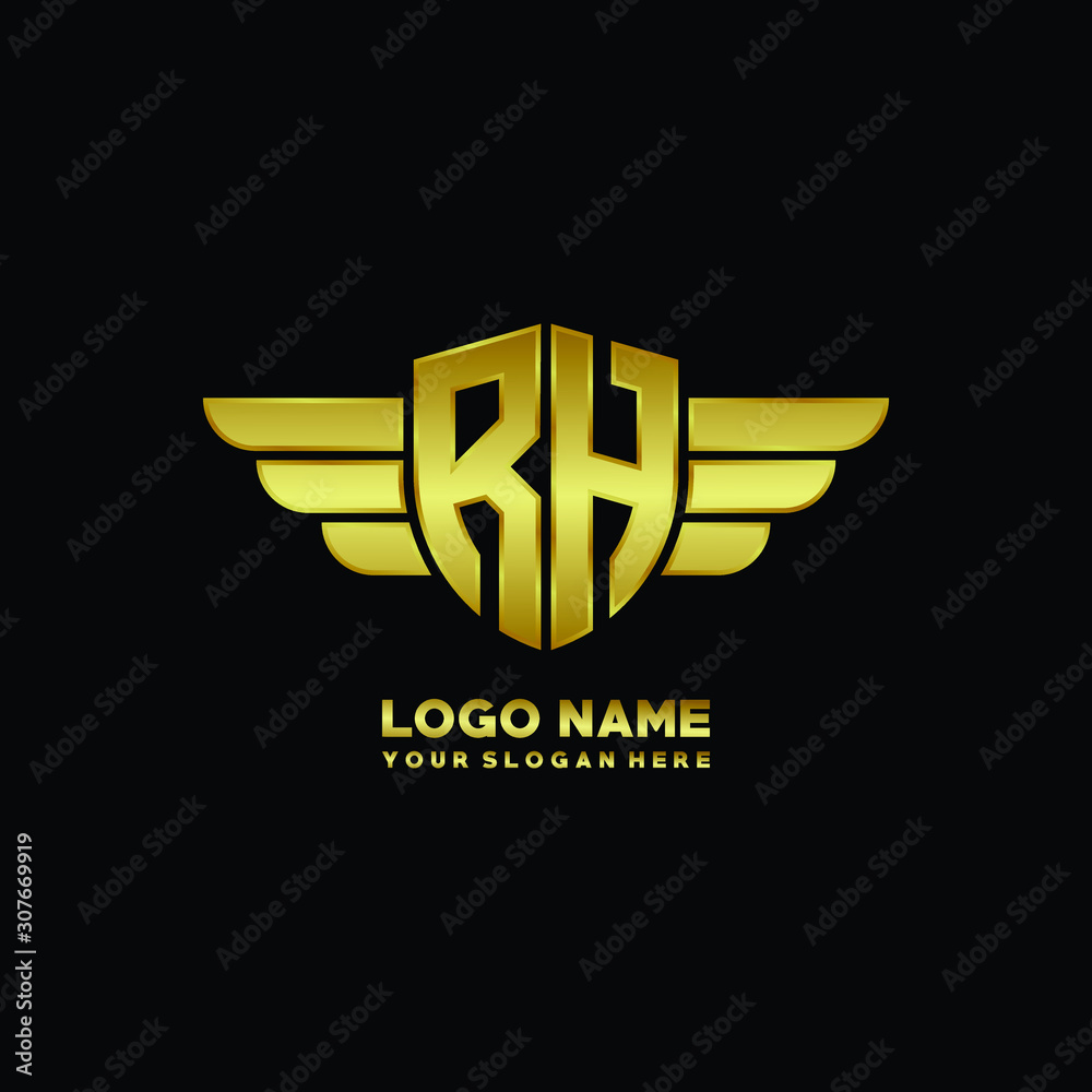 initial letter RH shield logo with wing vector illustration, gold color ...