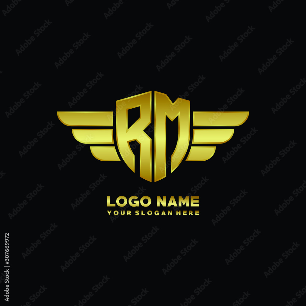 initial letter RM shield logo with wing vector illustration, gold color ...