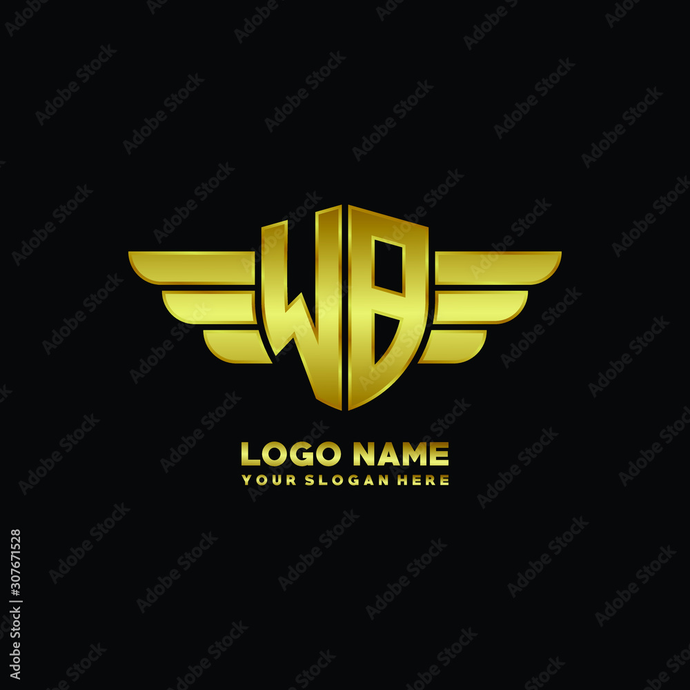 initial letter WB shield logo with wing vector illustration, gold color ...