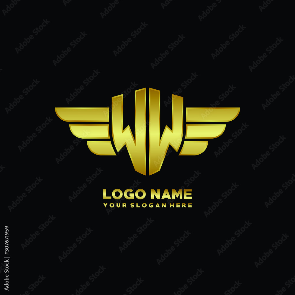 initial letter WW shield logo with wing vector illustration, gold color ...