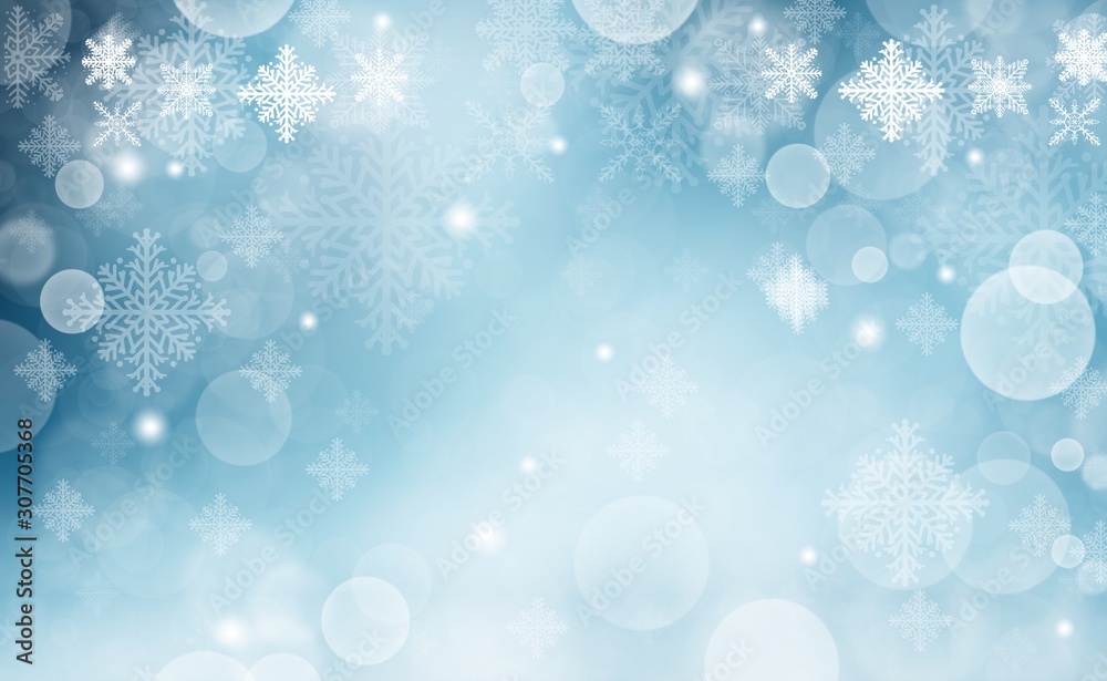 Blue abstract background with white snowflakes winter and bokeh stars ...