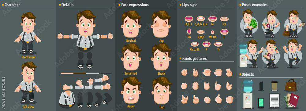 Cartoon junior office worker, manager male constructor for animation ...
