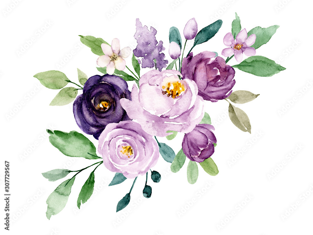 Violet flowers watercolor, floral clip art. Bouquet roses perfectly for ...