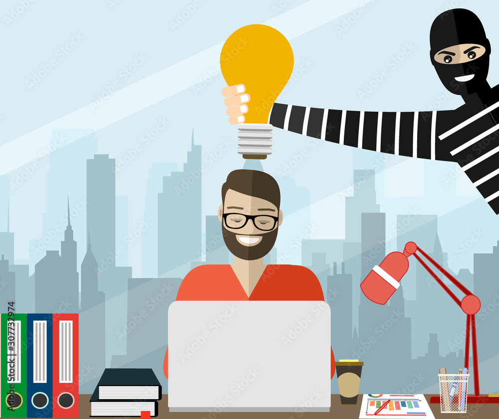 Thief stolen light bulb of idea. Steal idea concept. Cartoon Vector ...