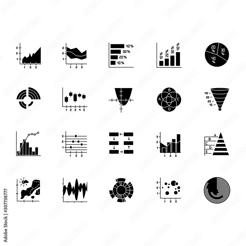 Chart and graph glyph icons set. Pie diagram. Histogram. Area chart ...