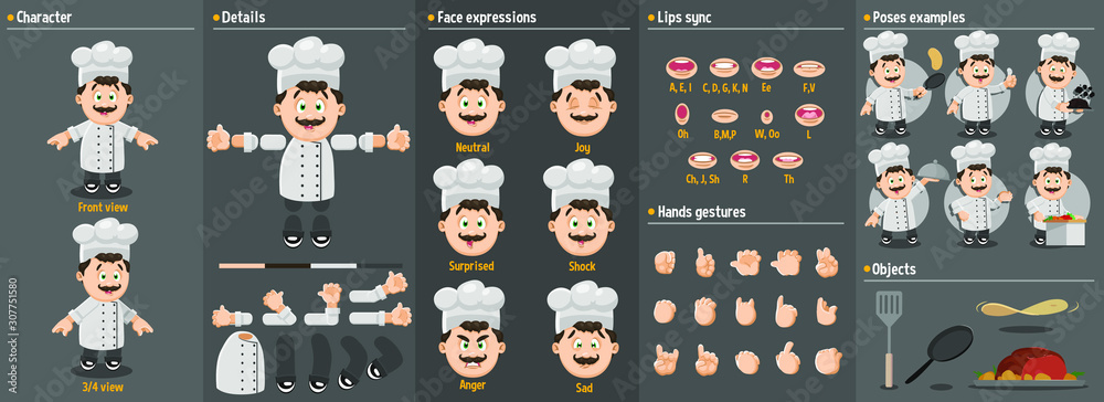 Cartoon cook, chef man constructor for animation. Parts of body: legs ...
