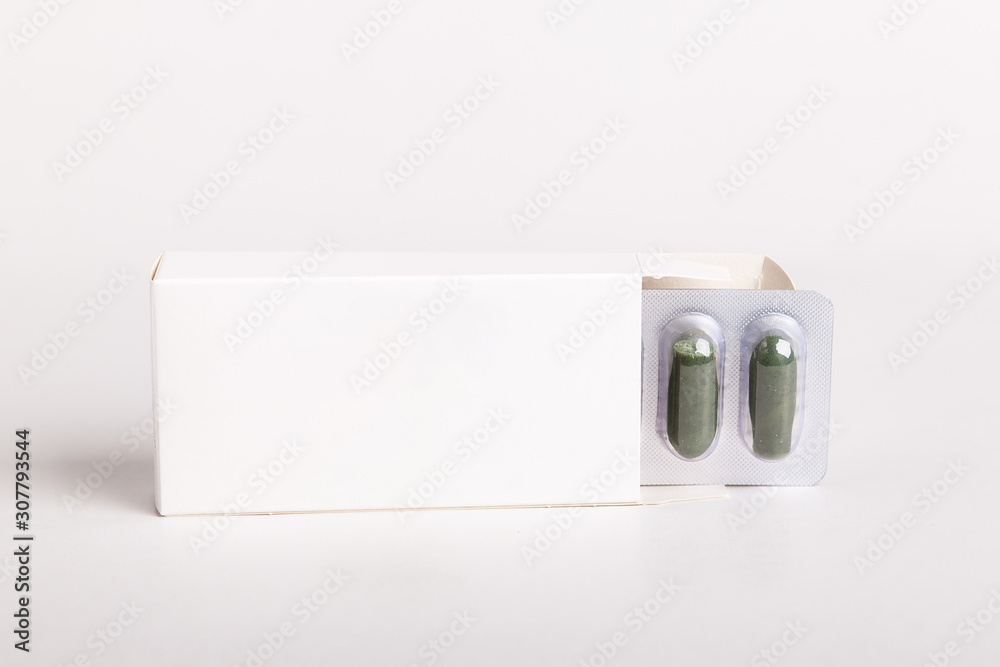 White pills box. Plastic bottles. Drugs box mock-up. Medical blank ...