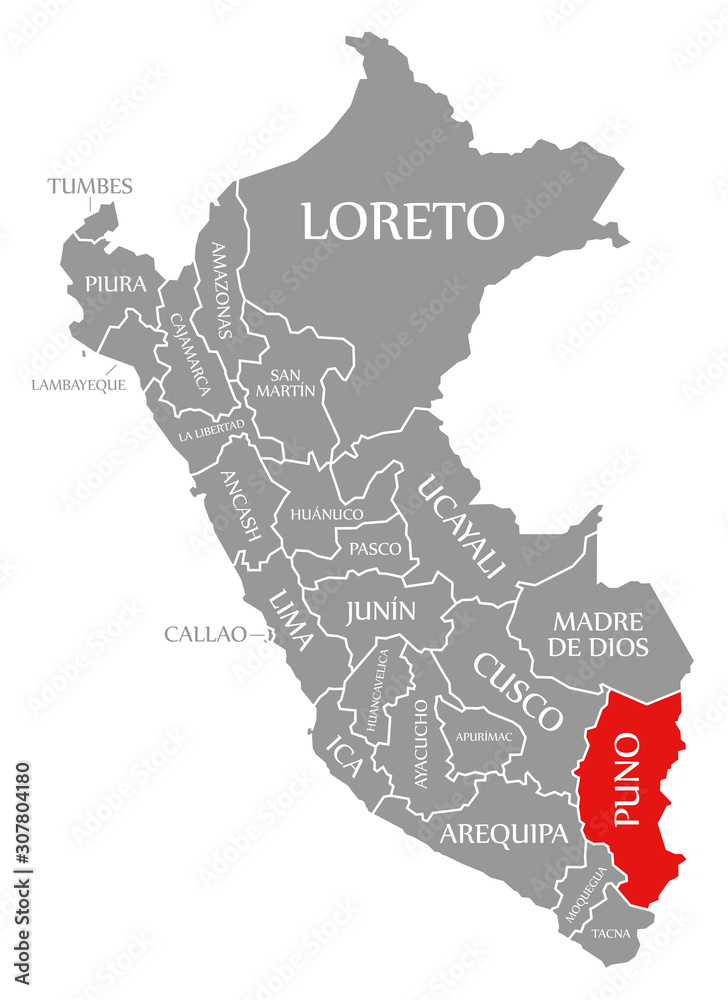 Puno red highlighted in map of Peru Stock Illustration | Adobe Stock