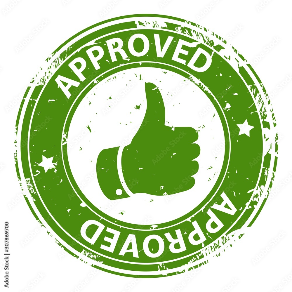 Approved text round rubber stamp icon with thumb up symbol isolated on ...