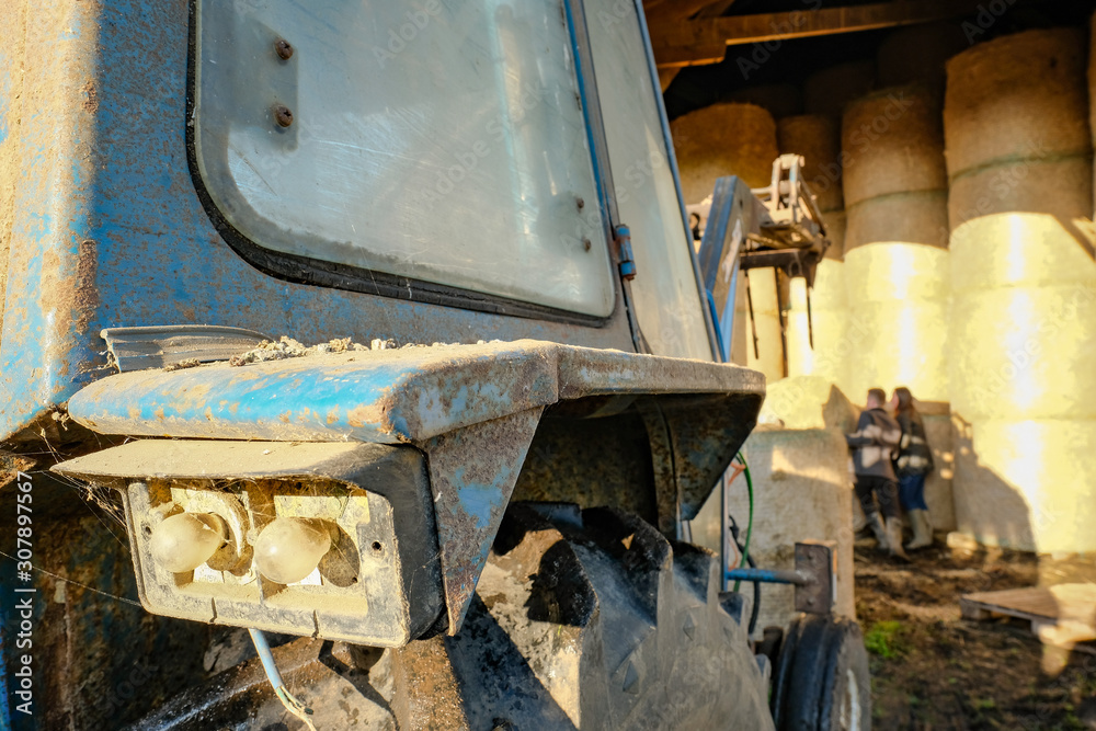 Foto de Stock Shallow focus on a old dairy tractor seen with its rear ...