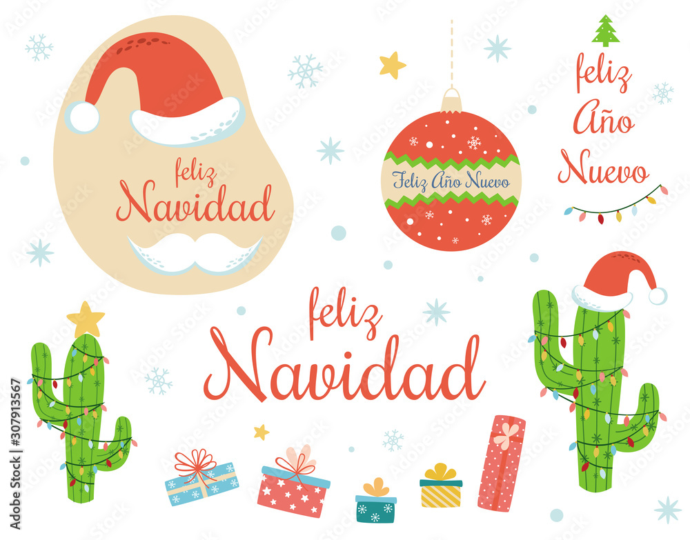 Vector de Stock Spanish Mexican Christmas clip art elements set Text ...