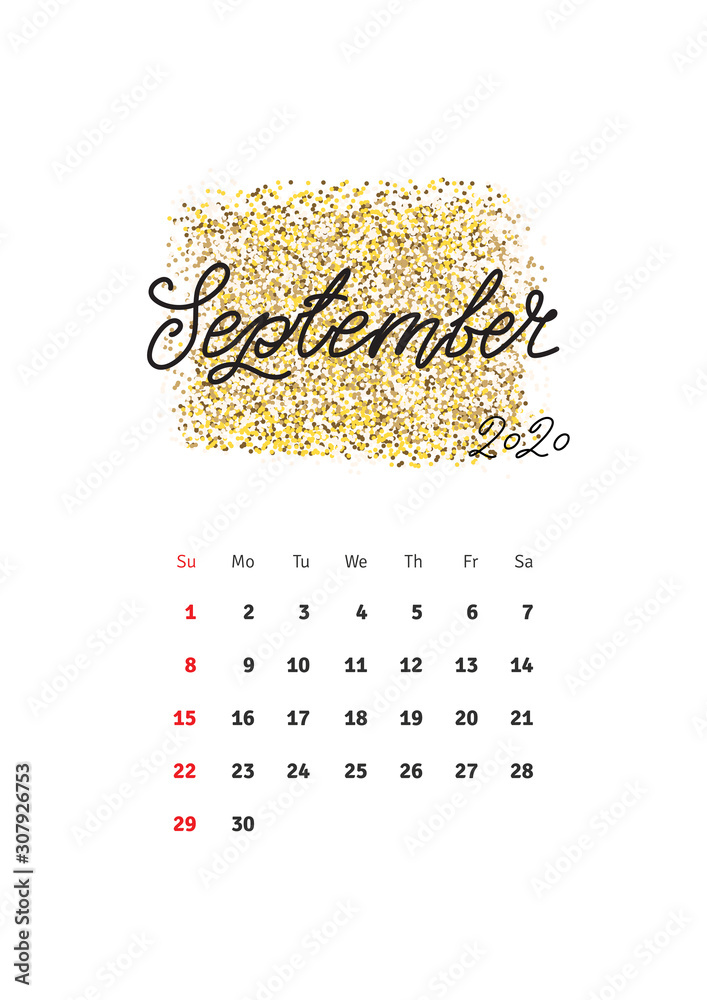 September. Wall calendar 2020 template with hand drawing lettering ...