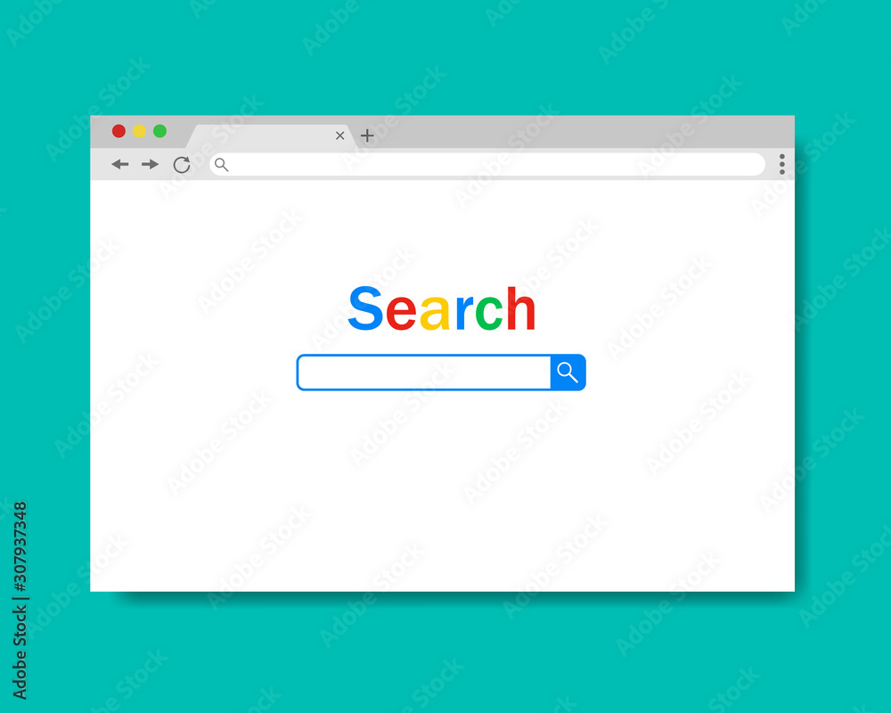 Browser web page with search bar. Chrome web mockup of computer interface. Flat screen internet ...