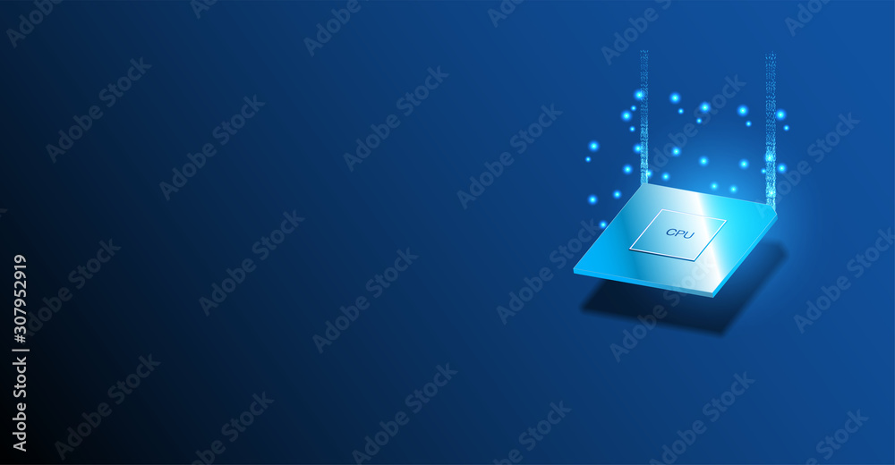 Quantum computer, large data processing, database concept.CPU isometric banner. Central Computer ...