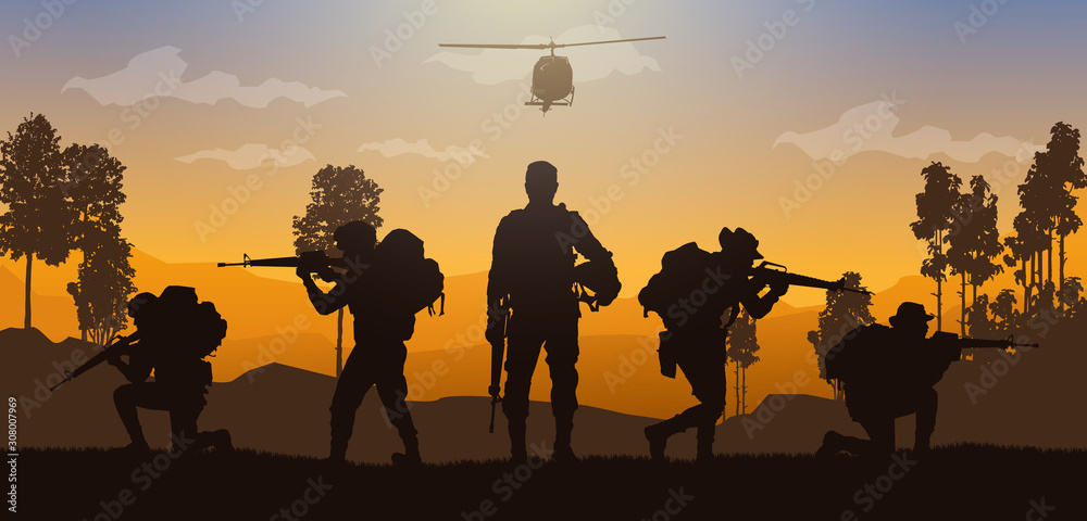 Military vector illustration, Army background, soldiers silhouettes ...