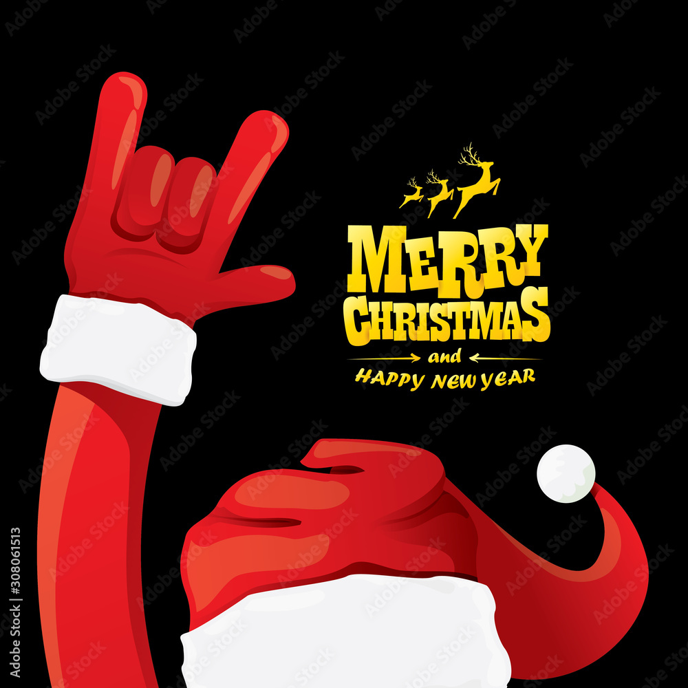 vector cartoon Santa Claus rock n roll style with golden greeting text ...