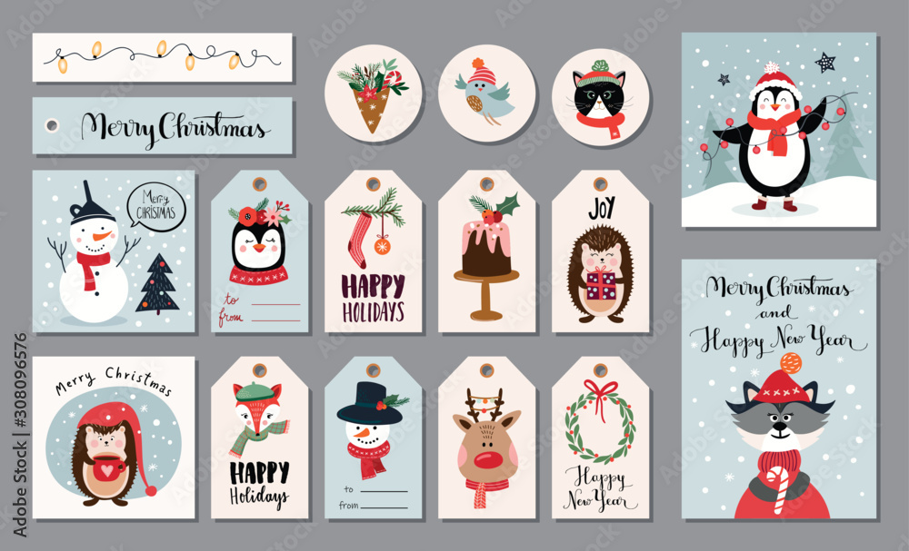 Christmas big collection with seasonal tags, greeting cards, stickers ...