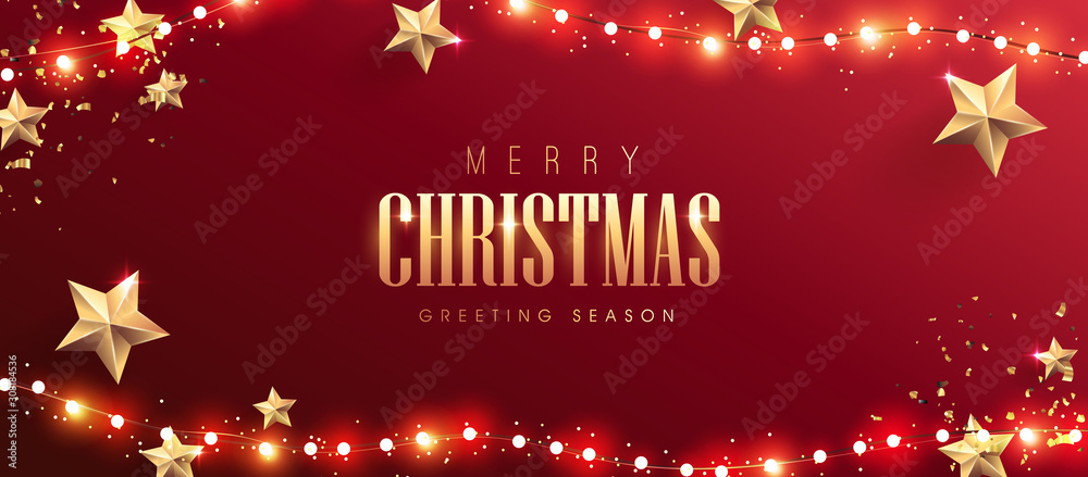Merry Christmas lights and realistic stars design elements. Glowing ...
