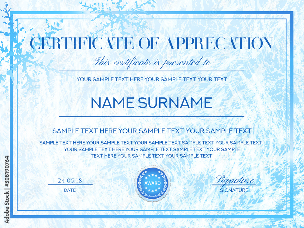 Certificate template with winter frost pattern background (frozen ...