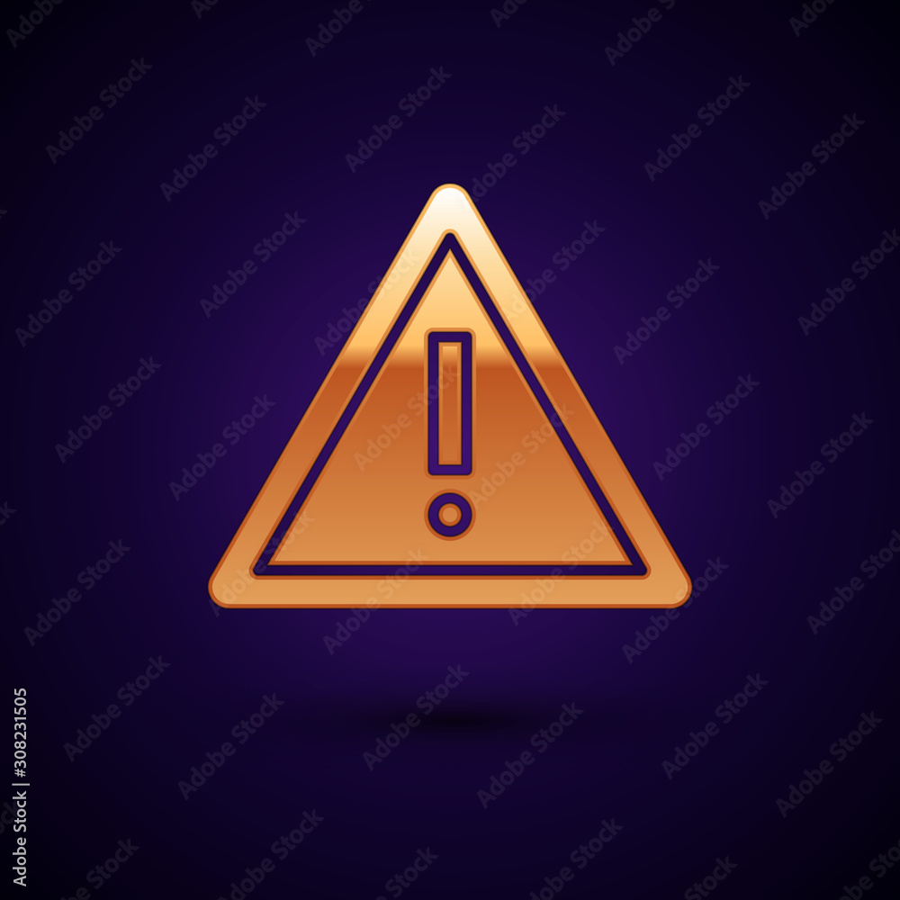 Gold Exclamation mark in triangle icon isolated on dark blue background ...