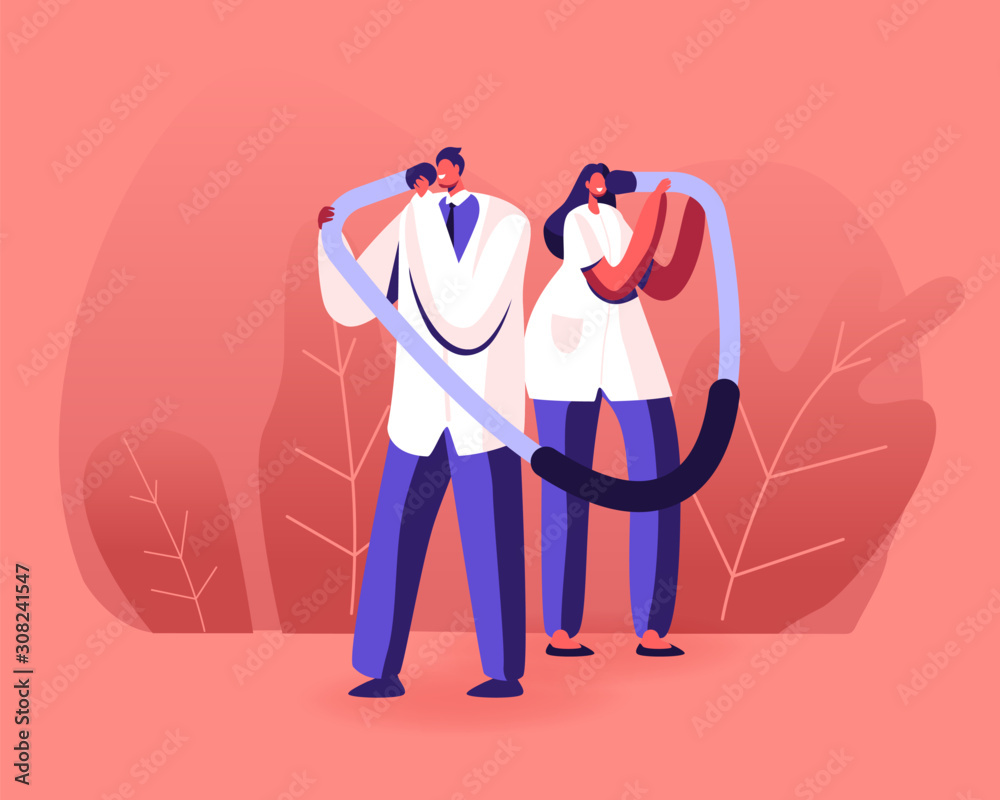 Doctors Characters Hold Huge Stethoscope Temples Listen Patient Heart ...